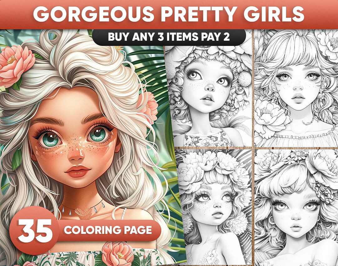 35 Gorgeous Pretty Girls Coloring Book for Adults and Kids, Features ...