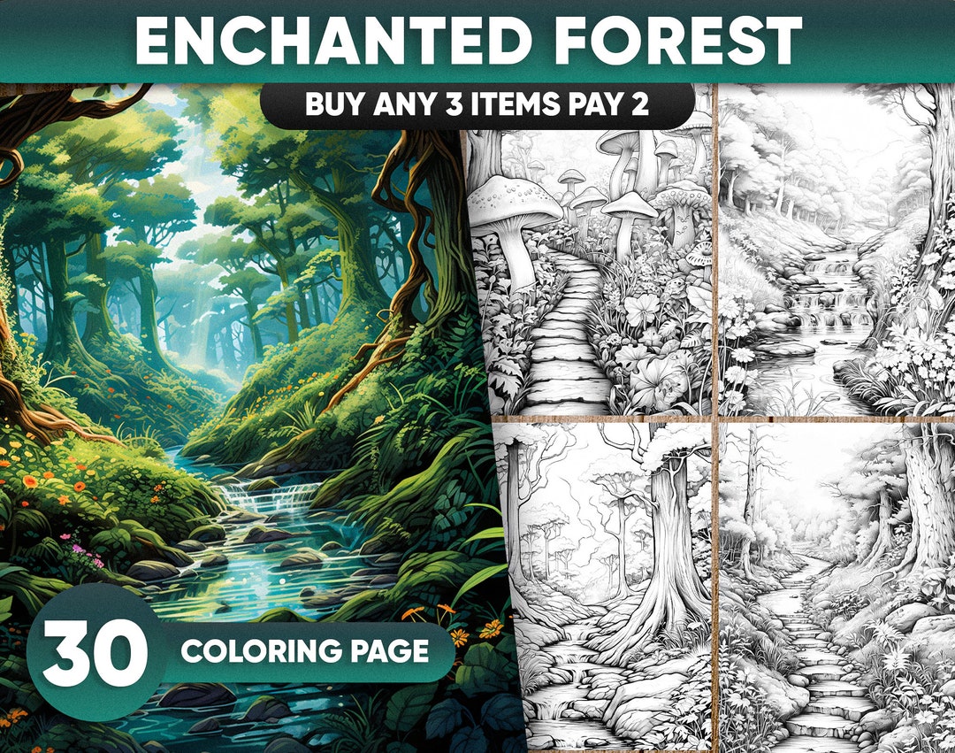 Enchanted Forest Coloring Pages: 30 Grayscale Magical Scenes (PDF) - Etsy