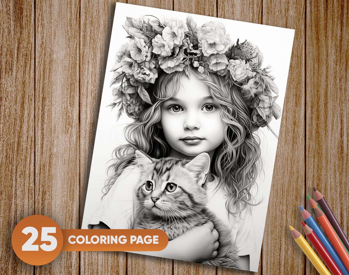 25 Girls With Cats Coloring Pages for Kids and Adult Instant - Etsy