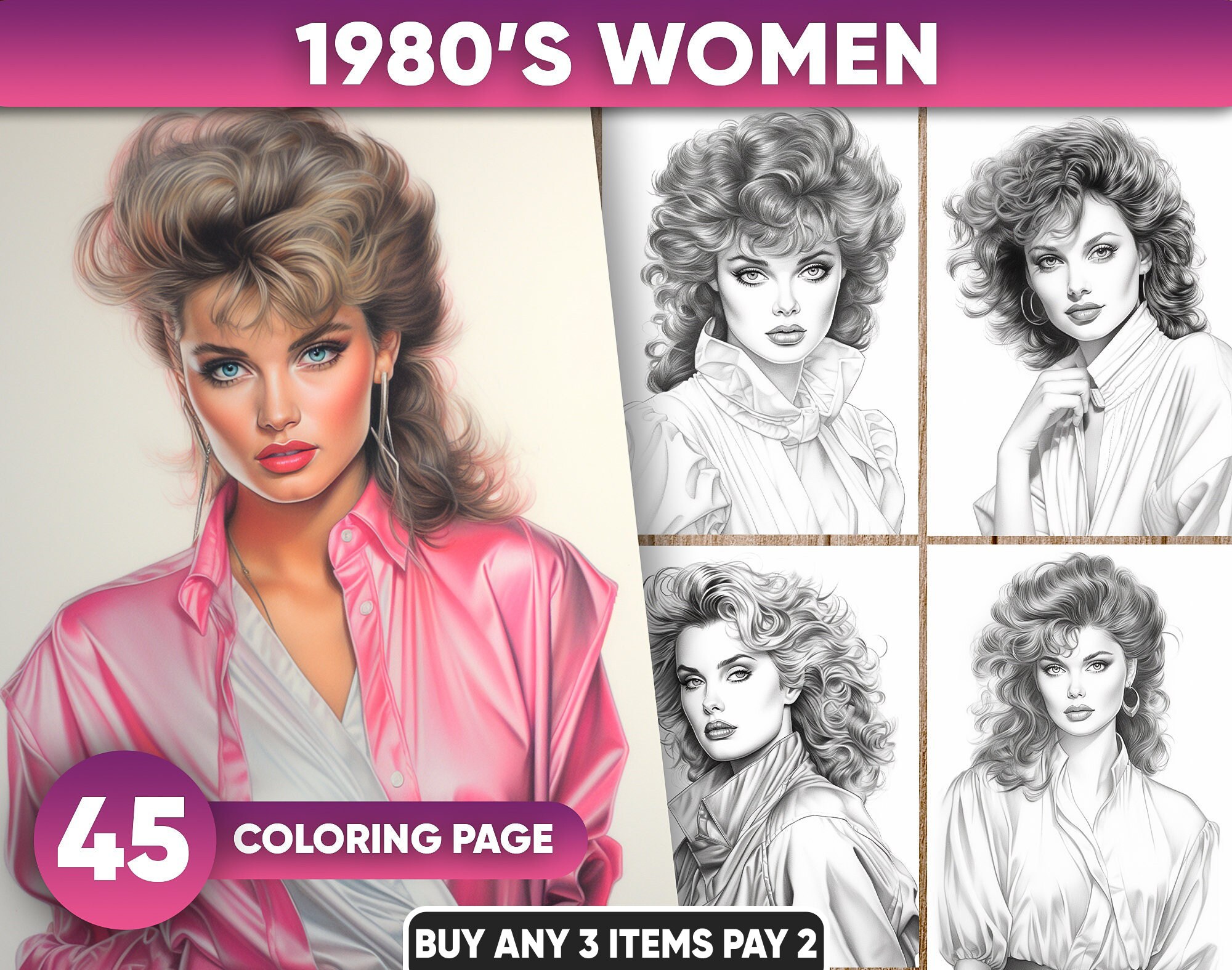 1980s Women Beauties Portrait Coloring Pages for Adults, 80's Style ...