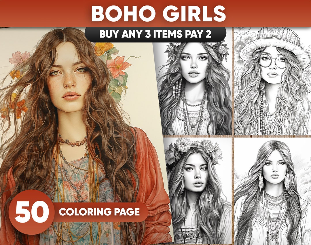 Boho Girl Grayscale Coloring Pages for Adults, Beautiful Girl Coloring ...