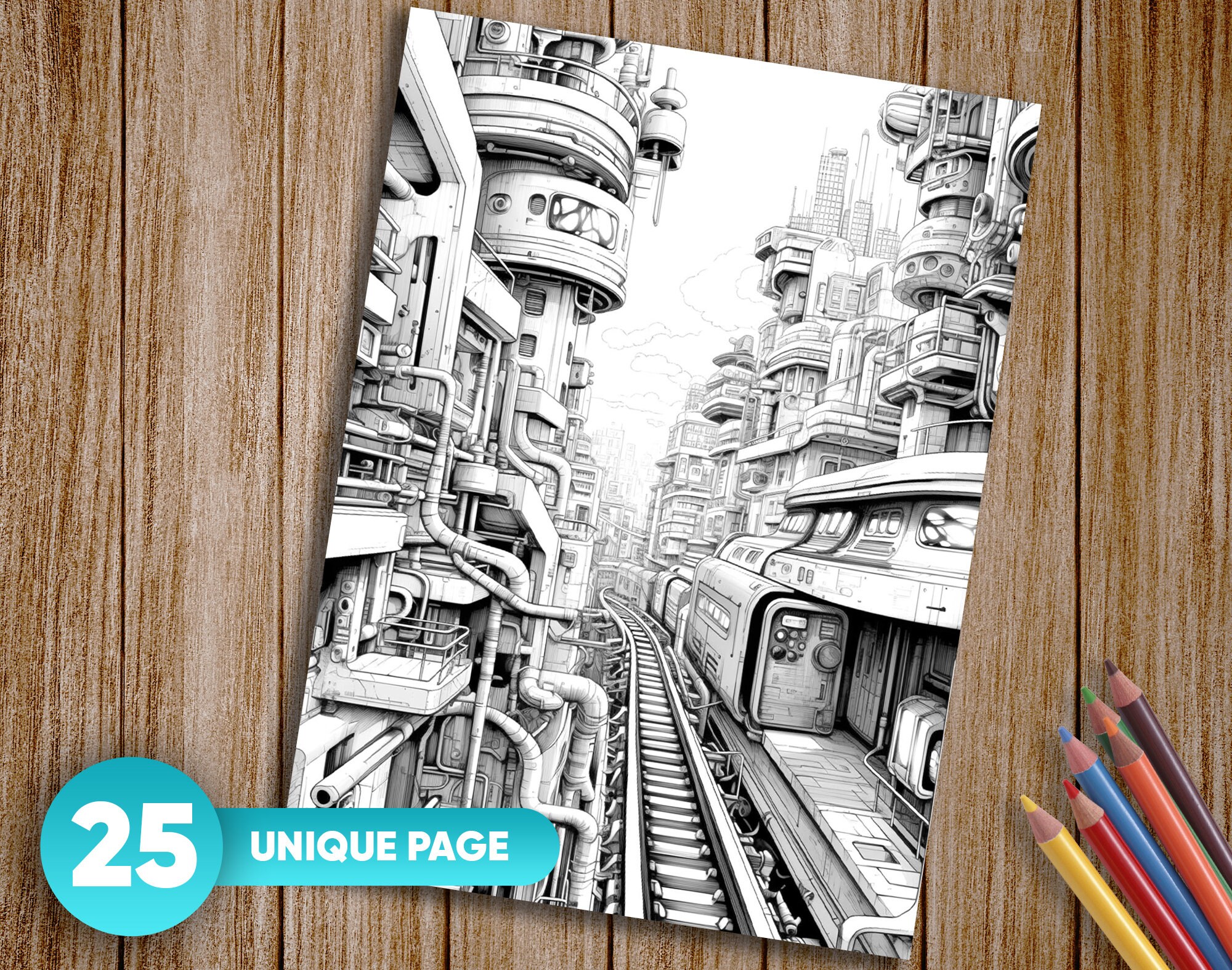Futuristic City Coloring Pages: 25 Grayscale Illustrations for Adults ...