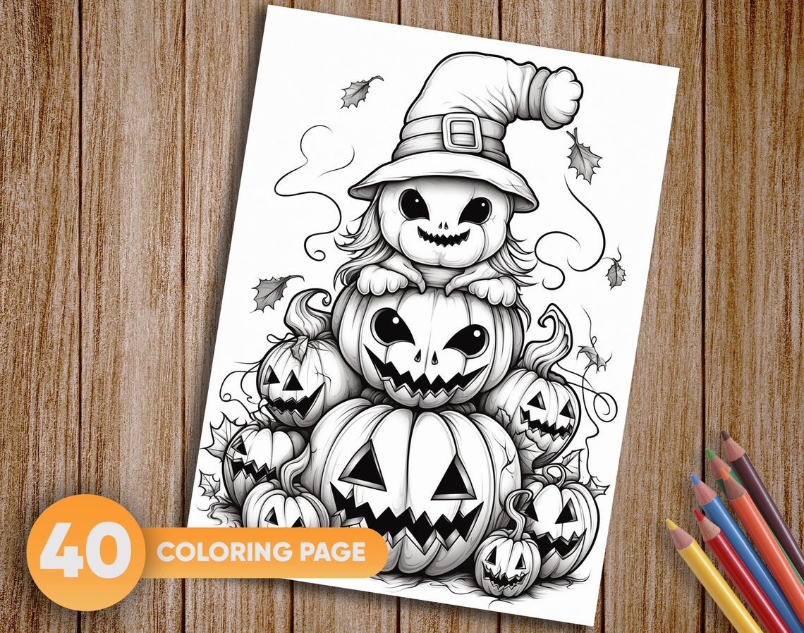 40 Kawaii Halloween Coloring Pages for Kids and Adults - Etsy