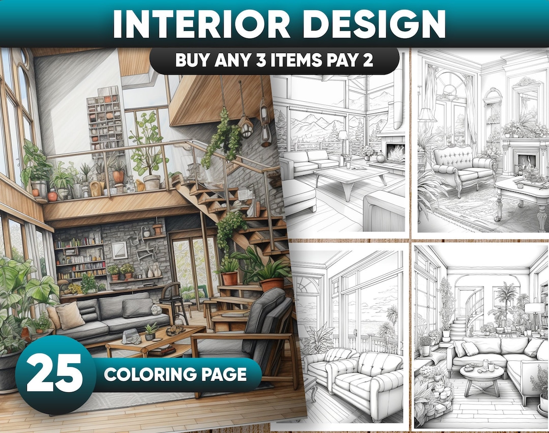 Interior Design Coloring Page Relax and De-stress With These Beautiful ...