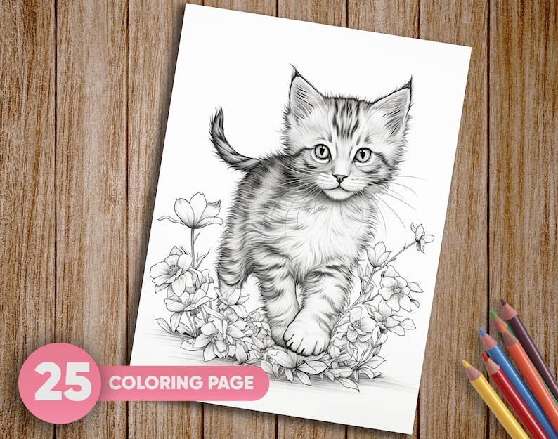 25 Adorable Flower Cat Coloring Pages for Kids and Adult, Instant ...