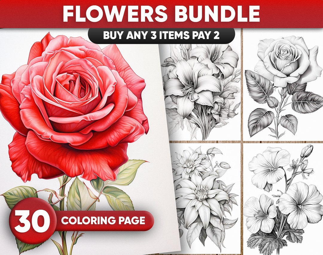 Flower Coloring Pages: 30 Grayscale Floral Illustrations (PDF/JPEG) - Etsy