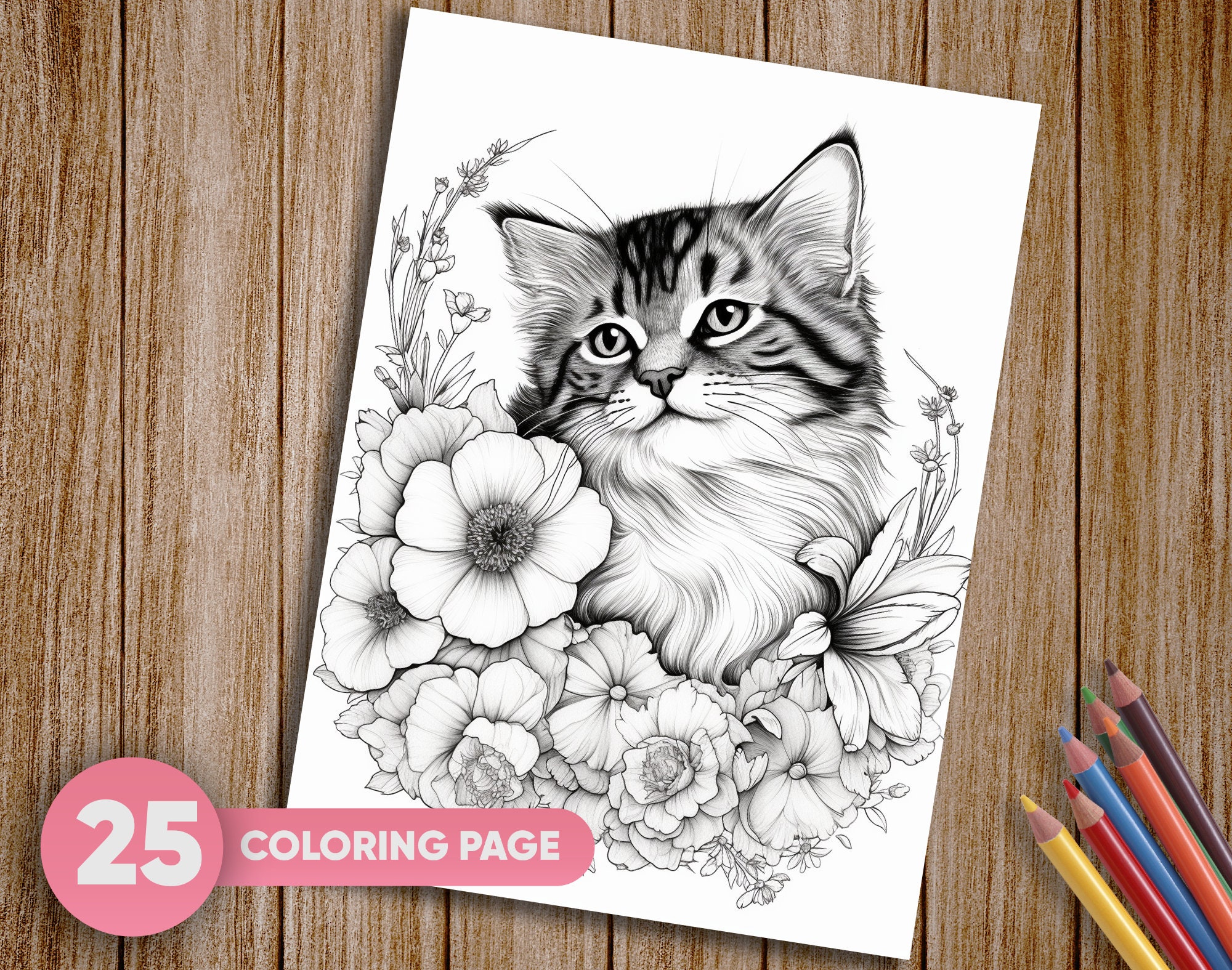 25 Adorable Flower Cat Coloring Pages for Kids and Adult, Instant ...