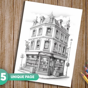 25 Adorable Storefront Bookstore Grayscale Coloring Pages, JPEG/PDF ...