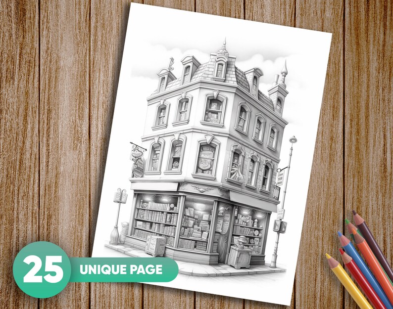 25 Adorable Storefront Bookstore Grayscale Coloring Pages - Etsy