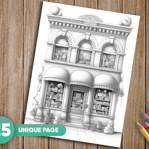 25 Adorable Storefront Bookstore Grayscale Coloring Pages, JPEG/PDF ...