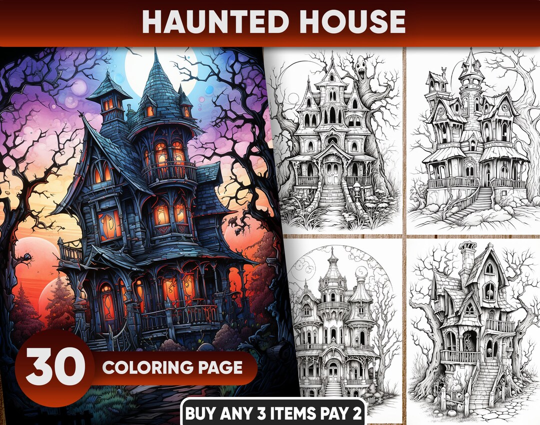 30 Haunted House Coloring Pages for Adults and for Kids Grayscale ...