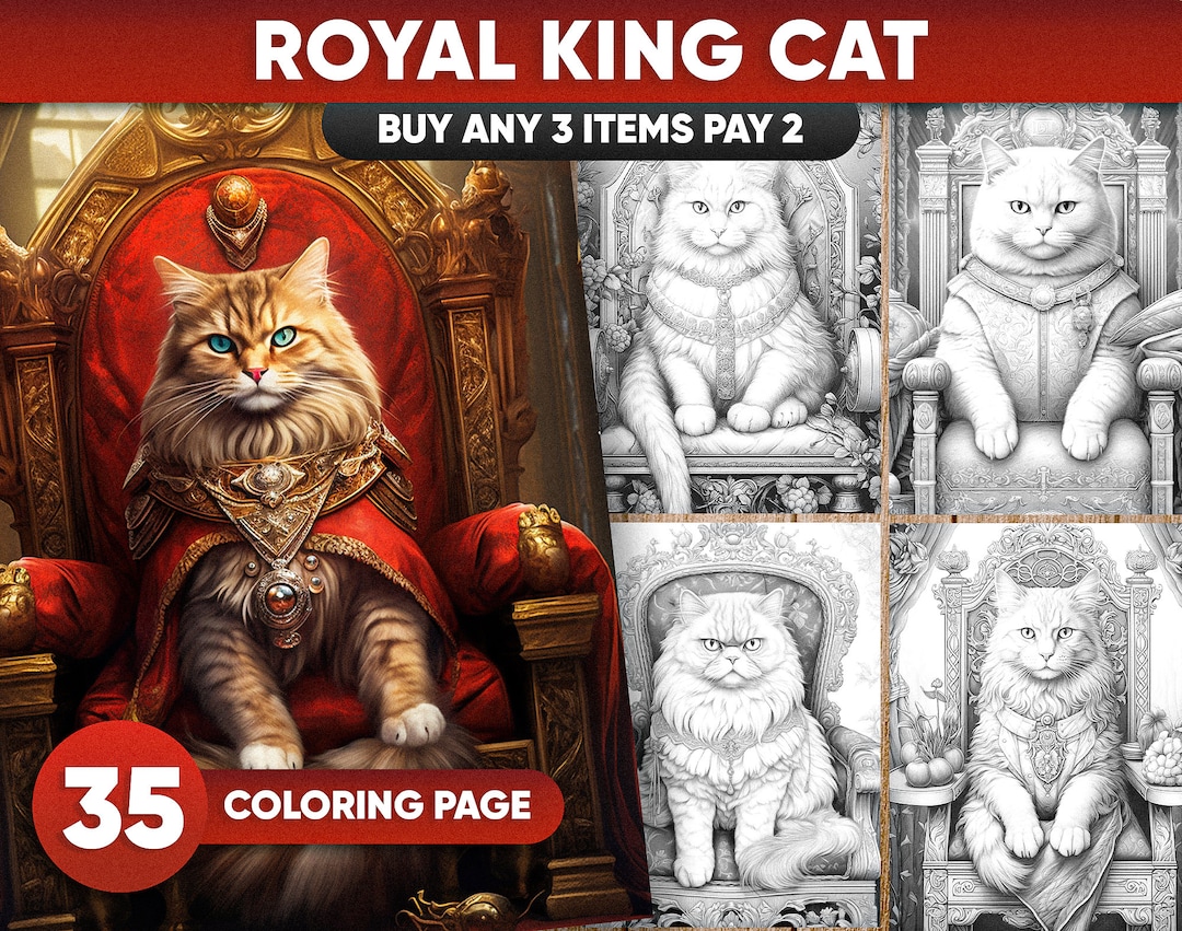 Royal King Cats 35 Coloring Pages, for Adults and Kids, Instant ...