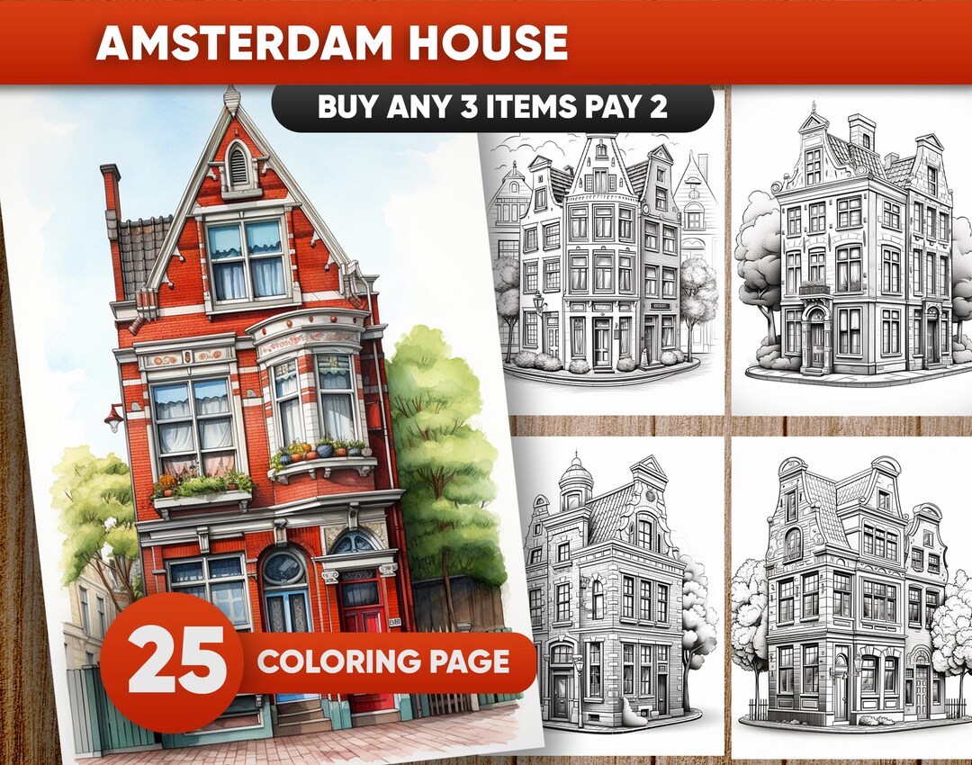 Amsterdam House Coloring Pages: 25 Grayscale Architecture (PDF/JPEG) - Etsy