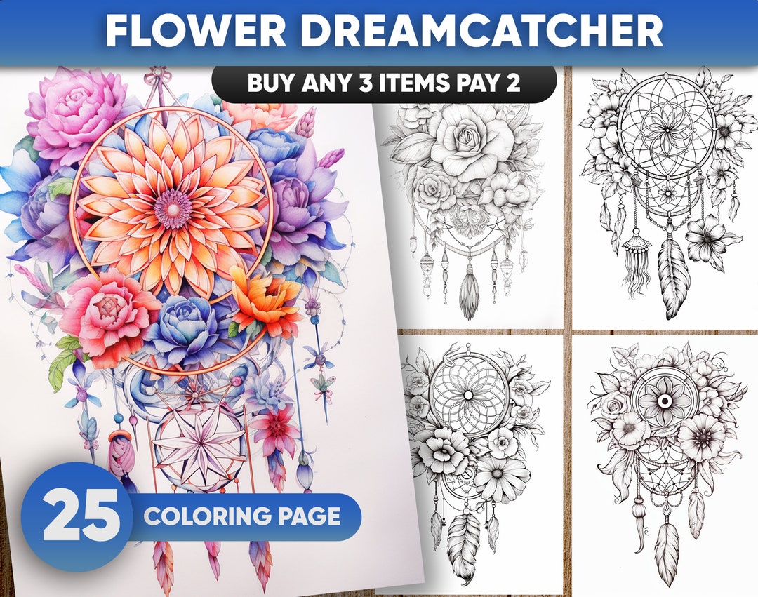 Flower Dreamcatcher Coloring Pages: 25 Grayscale Designs (printable PDF ...
