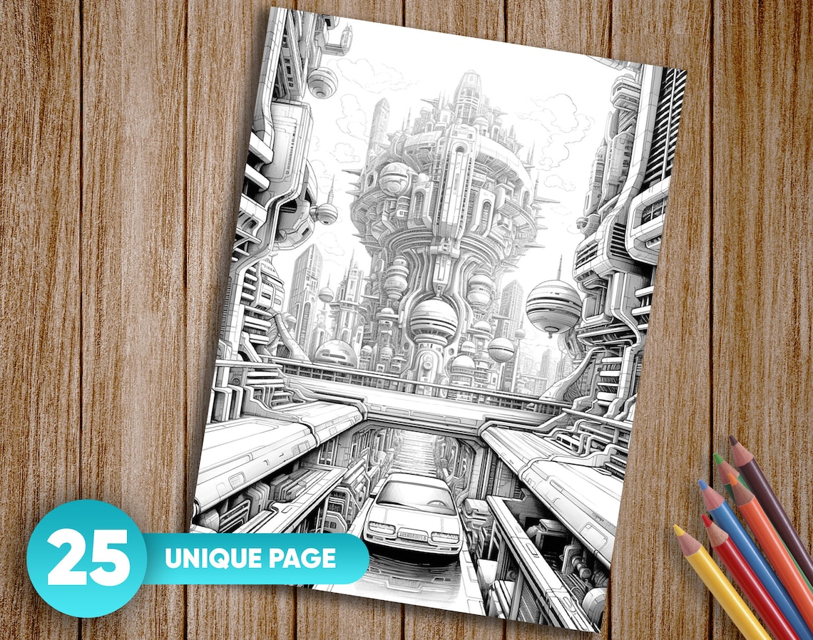 Futuristic City Coloring Pages: 25 Grayscale Illustrations for Adults ...