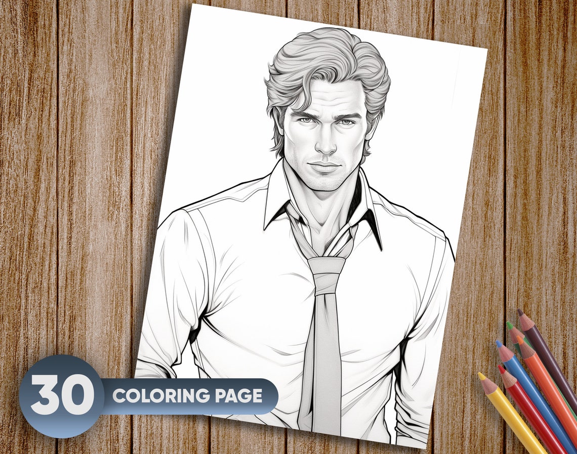 Handsome Men Coloring Book: 30 Grayscale Illustrations (printable PDF ...