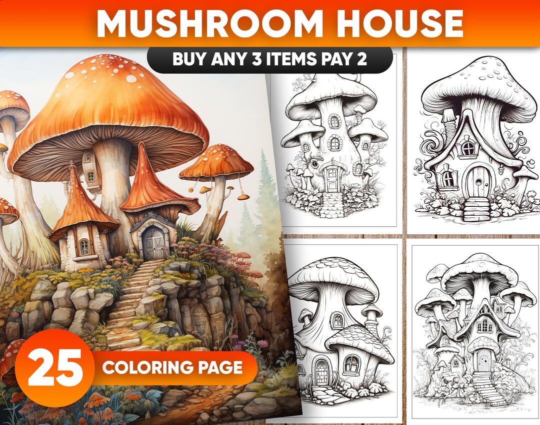 Mushroom Fairy House Coloring Pages: 25 Stress Relief Designs (PDF/JPEG ...