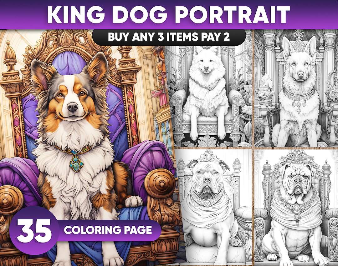 Royal King Dogs 35 Coloring Pages, for Adults and Kids, Instant ...