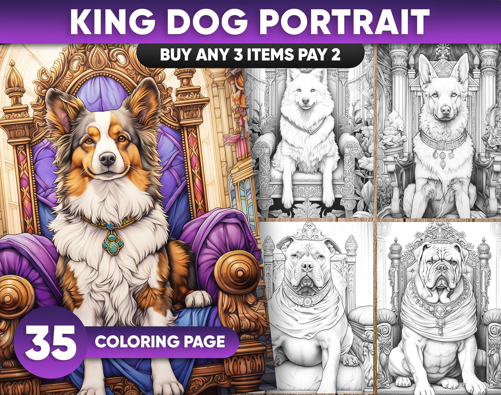 Royal King Dogs 35 Coloring Pages, for Adults and Kids, Instant ...