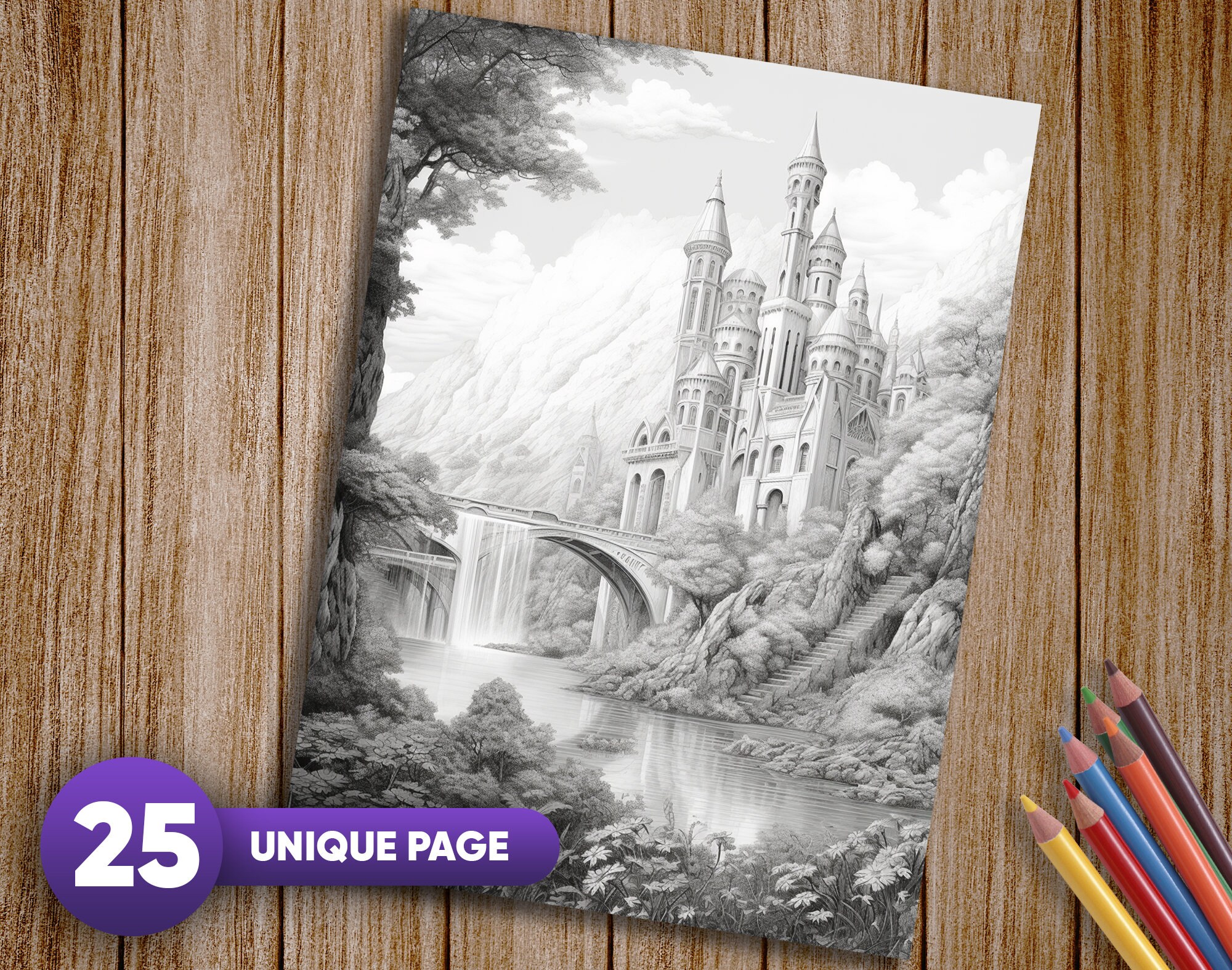 Fantasy Landscape Coloring Pages: 25 Grayscale Art for Adults / Kids ...