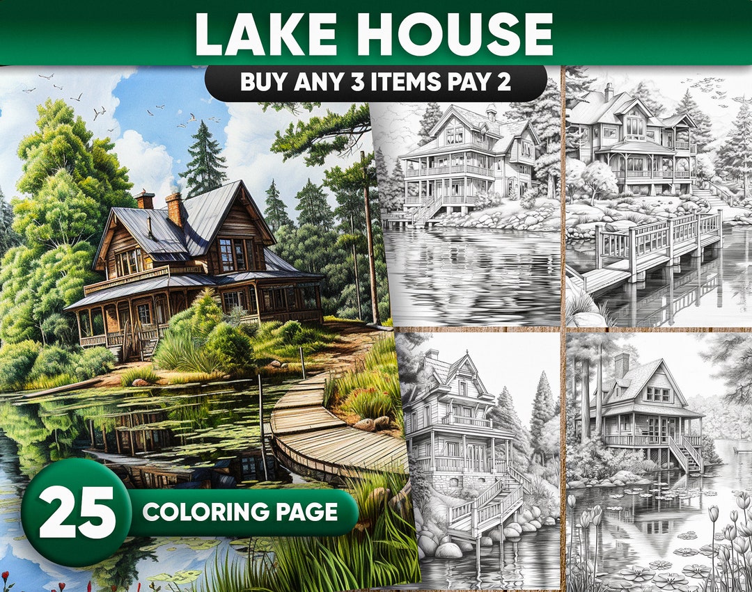 Lake House Coloring Book: 25 Forest Cabin Grayscale Pages (PDF/JPEG) - Etsy