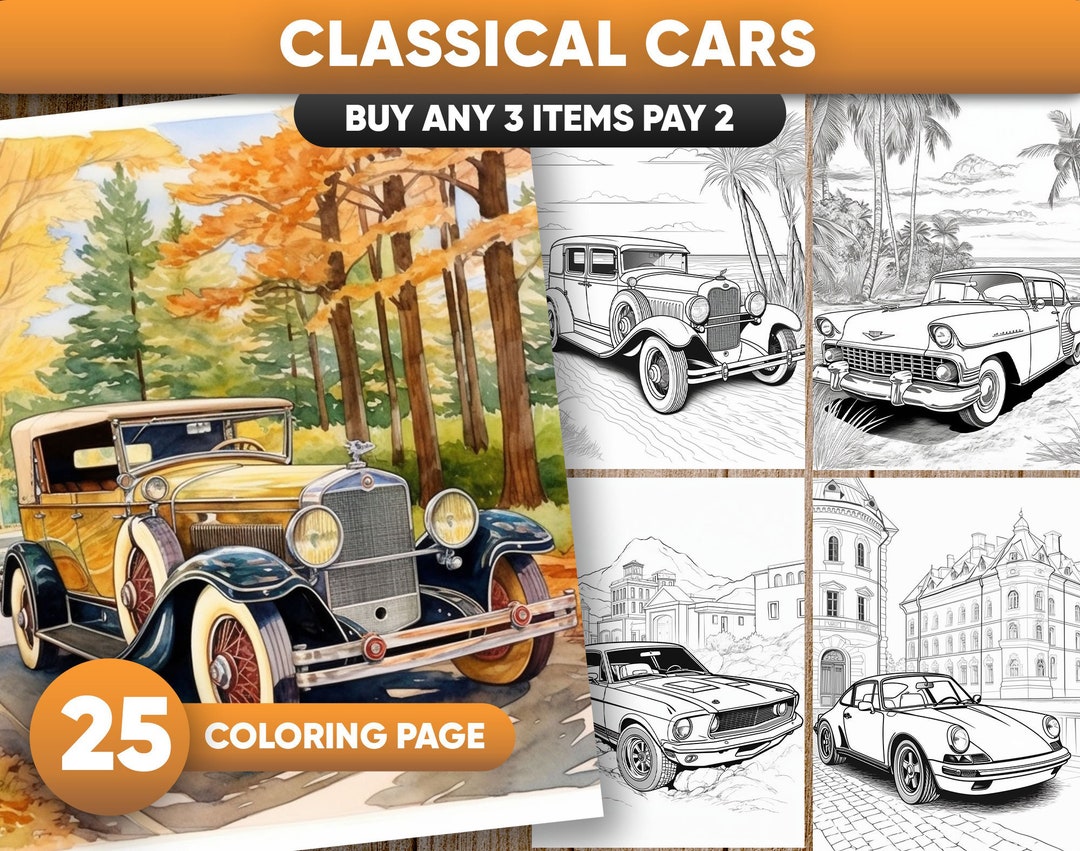 25 Classical Cars Coloring Pages, Instant Download, Grayscale Coloring ...