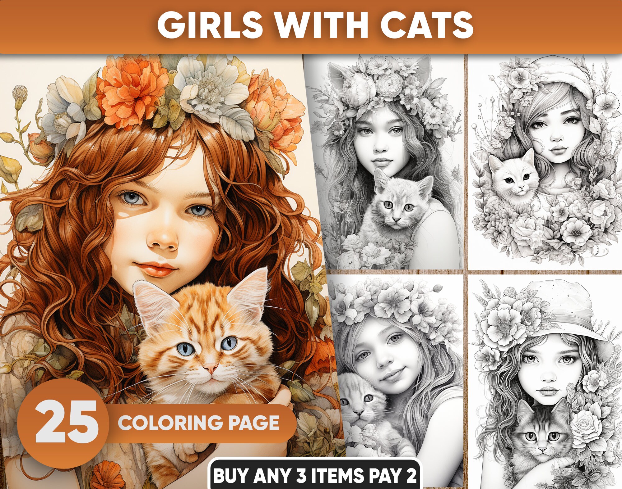 25 Girls With Cats Coloring Pages for Kids and Adult, Instant Download ...