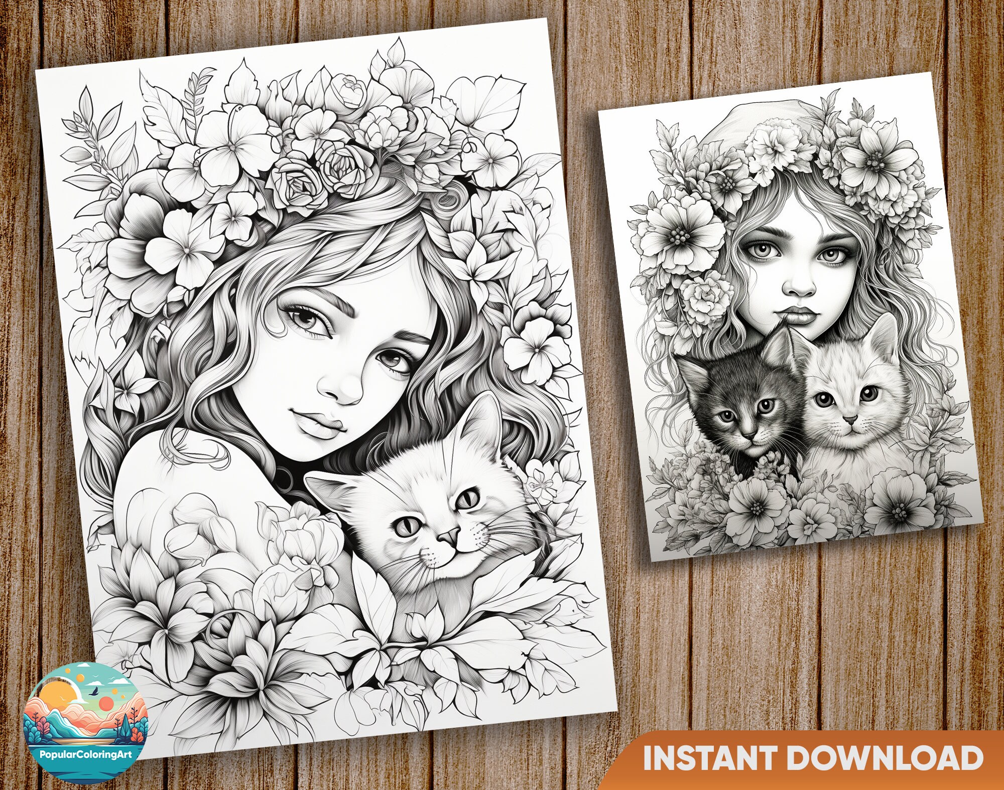25 Girls With Cats Coloring Pages for Kids and Adult Instant - Etsy