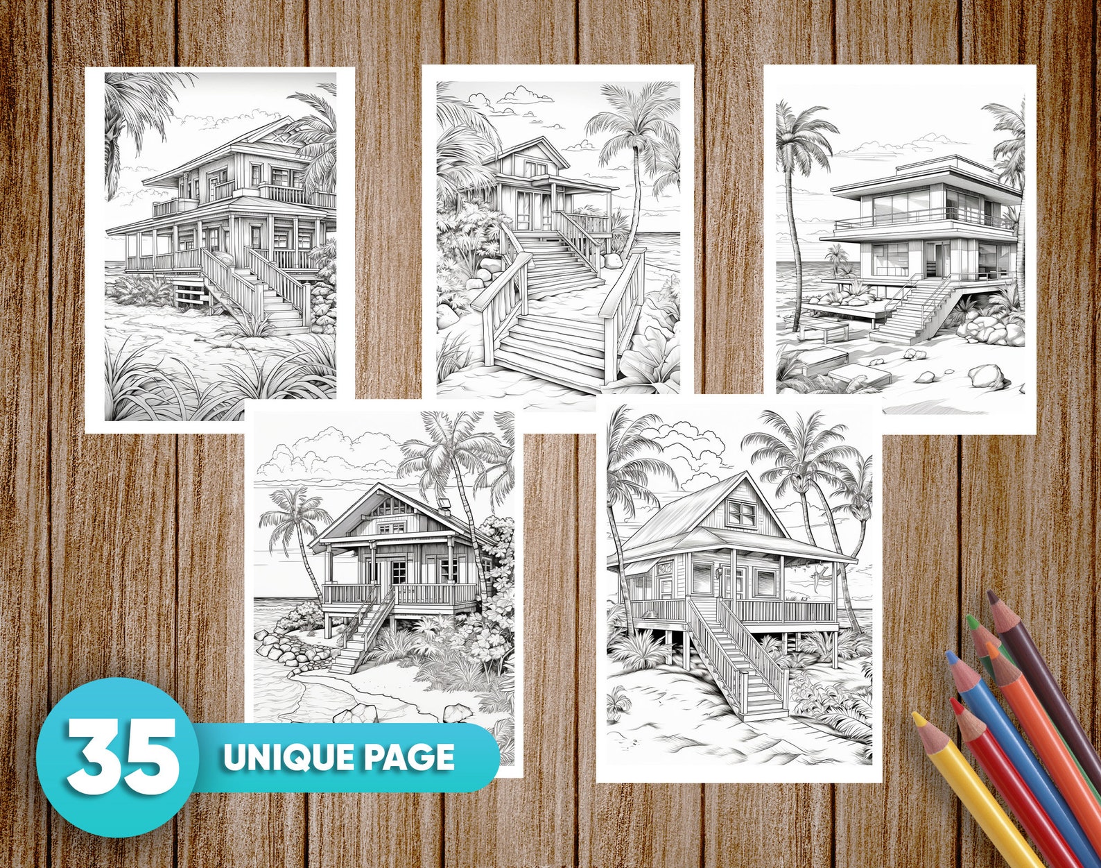 35 Beach House Coloring Pages Printable PDF Format Summer Holiday ...
