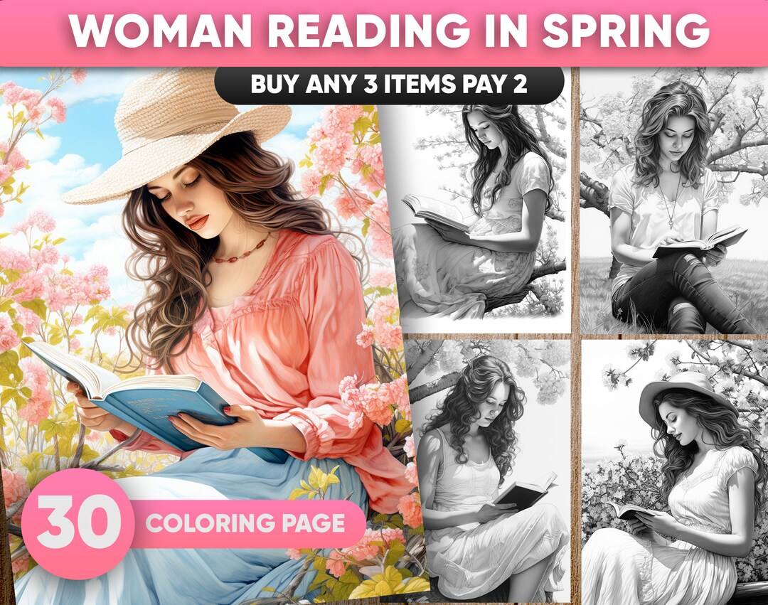 30 Woman Reading in Spring Coloring Pages for Adults, Spring Girl ...