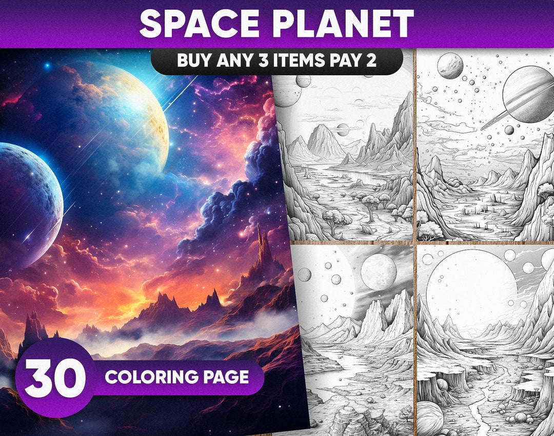 Space Planet Coloring Pages: 30 Grayscale Cosmic Art (JPEG/PDF) - Etsy