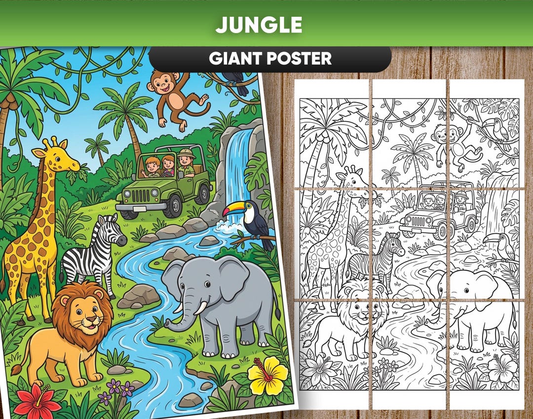 Giant Jungle Safari Coloring Poster – 9 A4 Sheets, Kids & Family ...