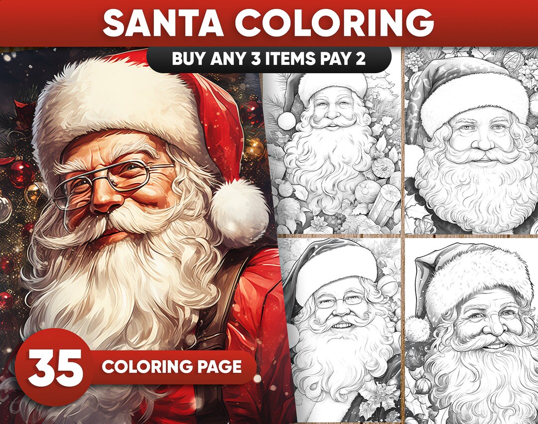 Santa Claus Coloring Pages: 35 Grayscale Christmas Art (PDF/JPG) - Etsy