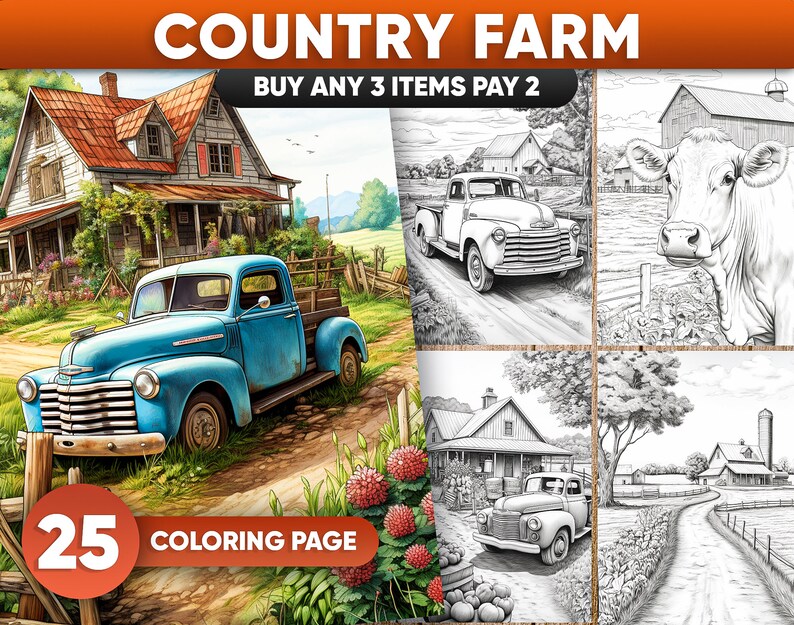 25 Country Farm Grayscale Coloring Pages JPEG/PDF Format - Etsy