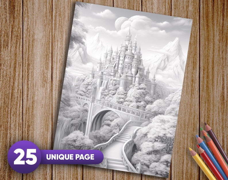 Fantasy Landscape Coloring Pages: 25 Grayscale Art for Adults / Kids ...