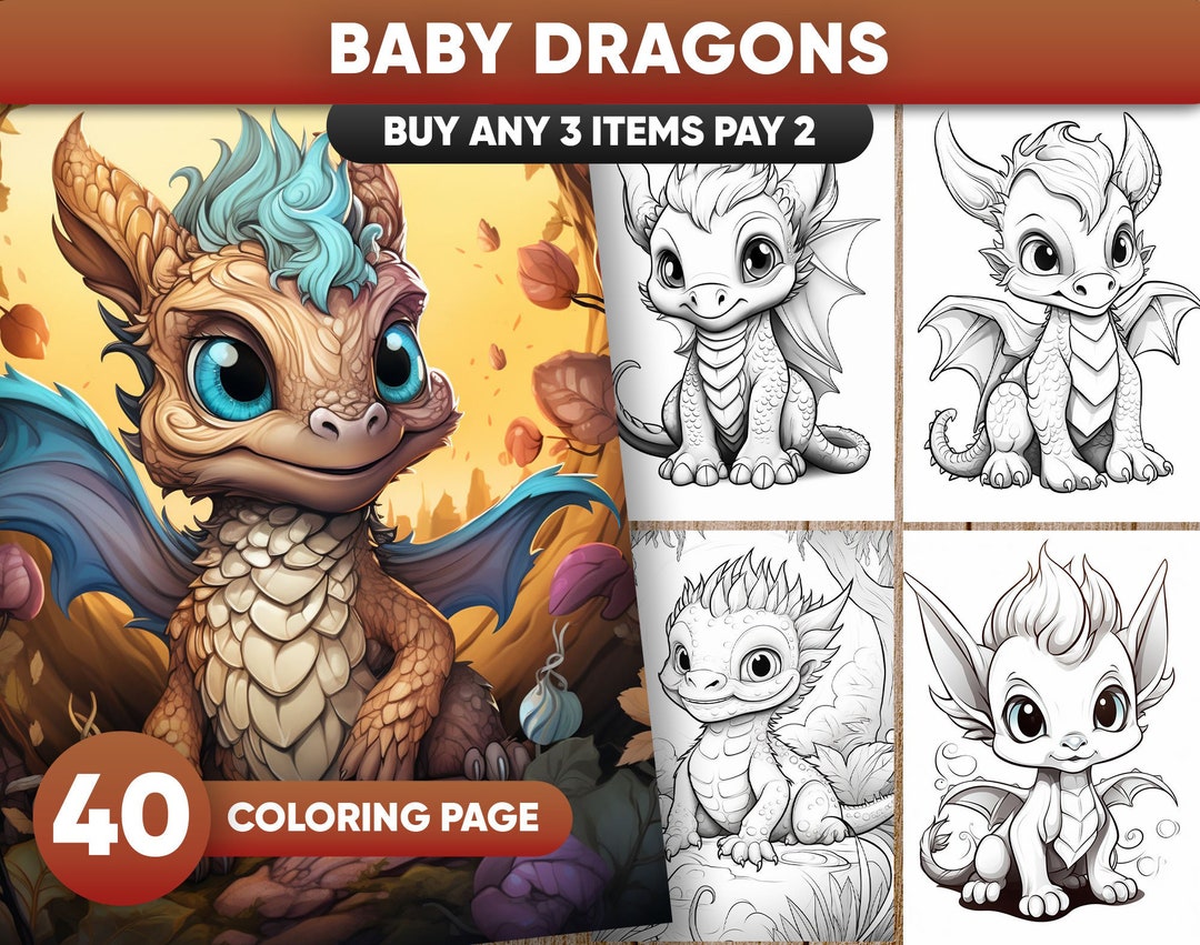 40 Baby Dragons Coloring Pages for Kids, Instant Download, Grayscale ...