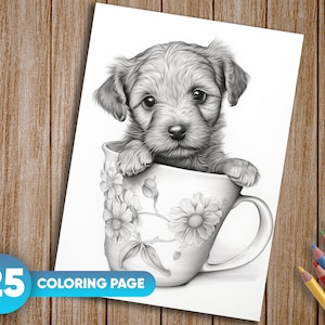 25 Puppies in Cups, Digital Coloring Book, Dogs Coloring Pages ...