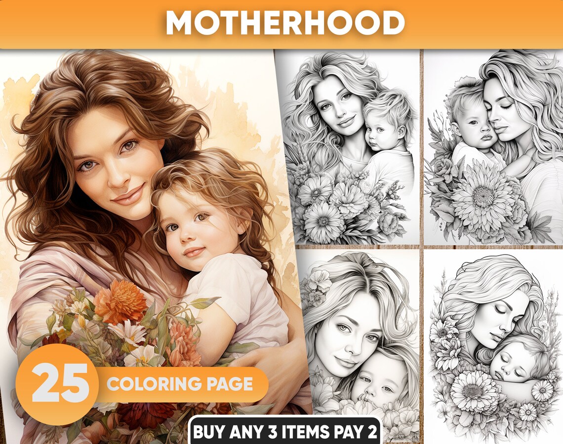 Motherhood Coloring Pages: 25 Floral Grayscale Art (PDF/JPEG) - Etsy