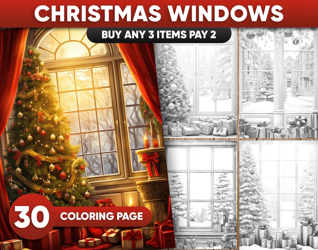 30 Christmas Windows Design Coloring Book, Printable PDF, Christmas ...