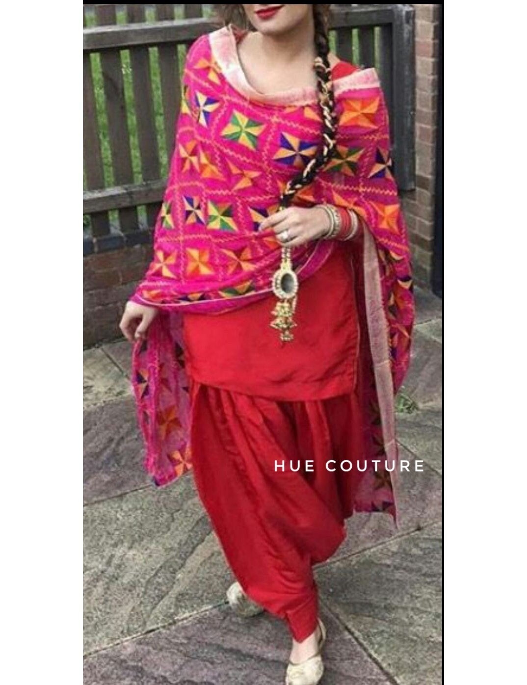 Red Patiala Suit With Phulkari Dupatta Punjabi Designer Salwar Suit, Festive Wear Salwar Kameez ...