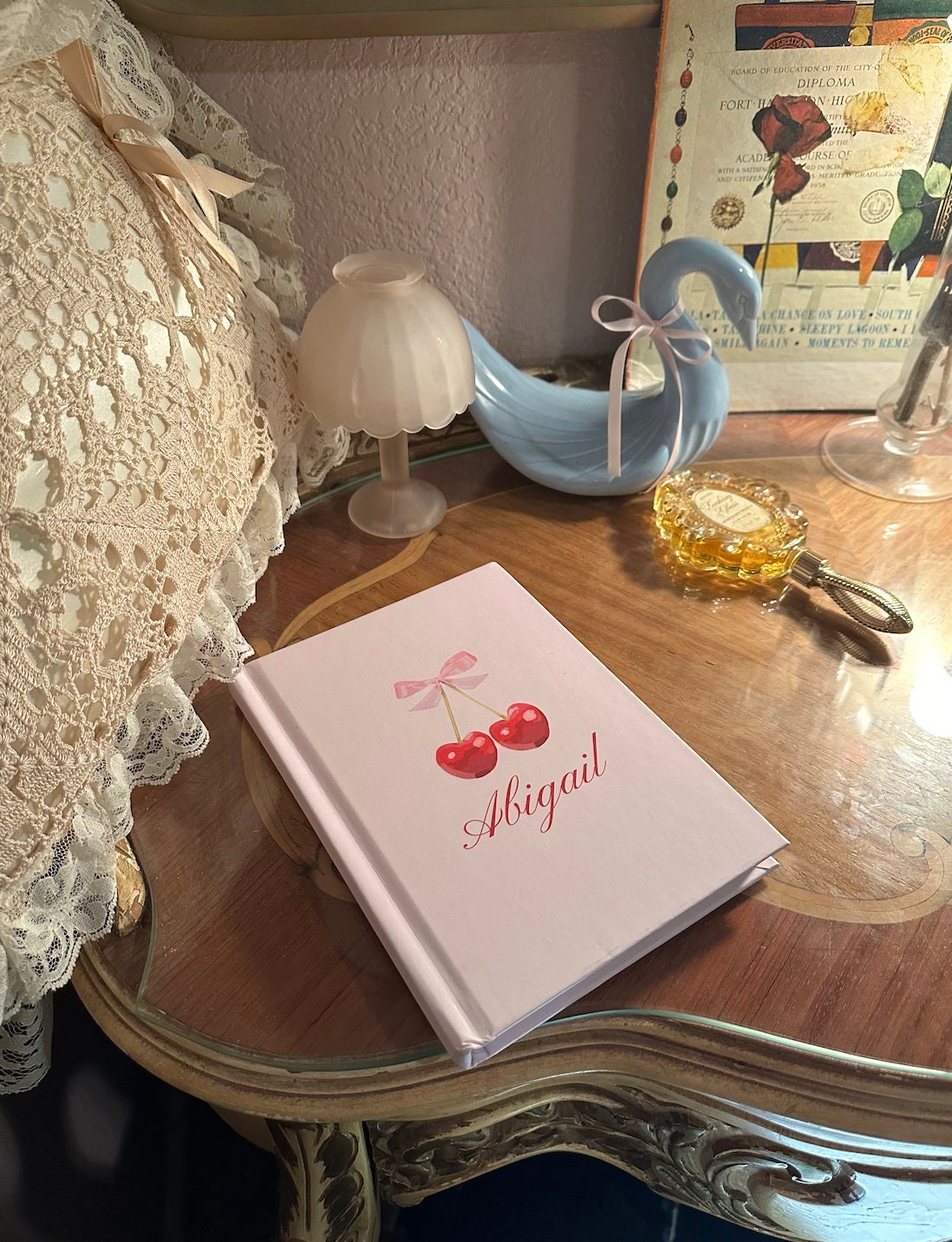 Personalized Coquette Journal Cherry Bow Notebook Cursive Name Custom ...