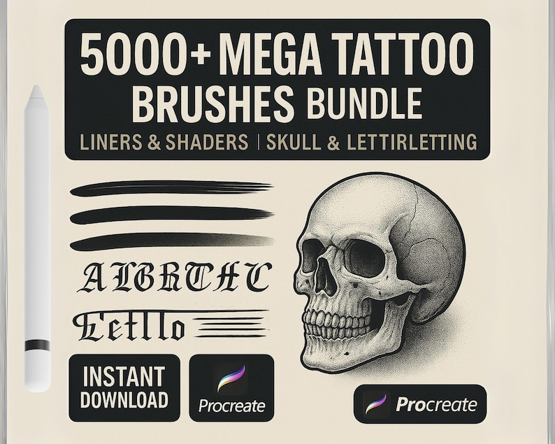 Procreate Tattoo Brushes: 3000+ Liners, Shaders, Lettering, & Skull ...