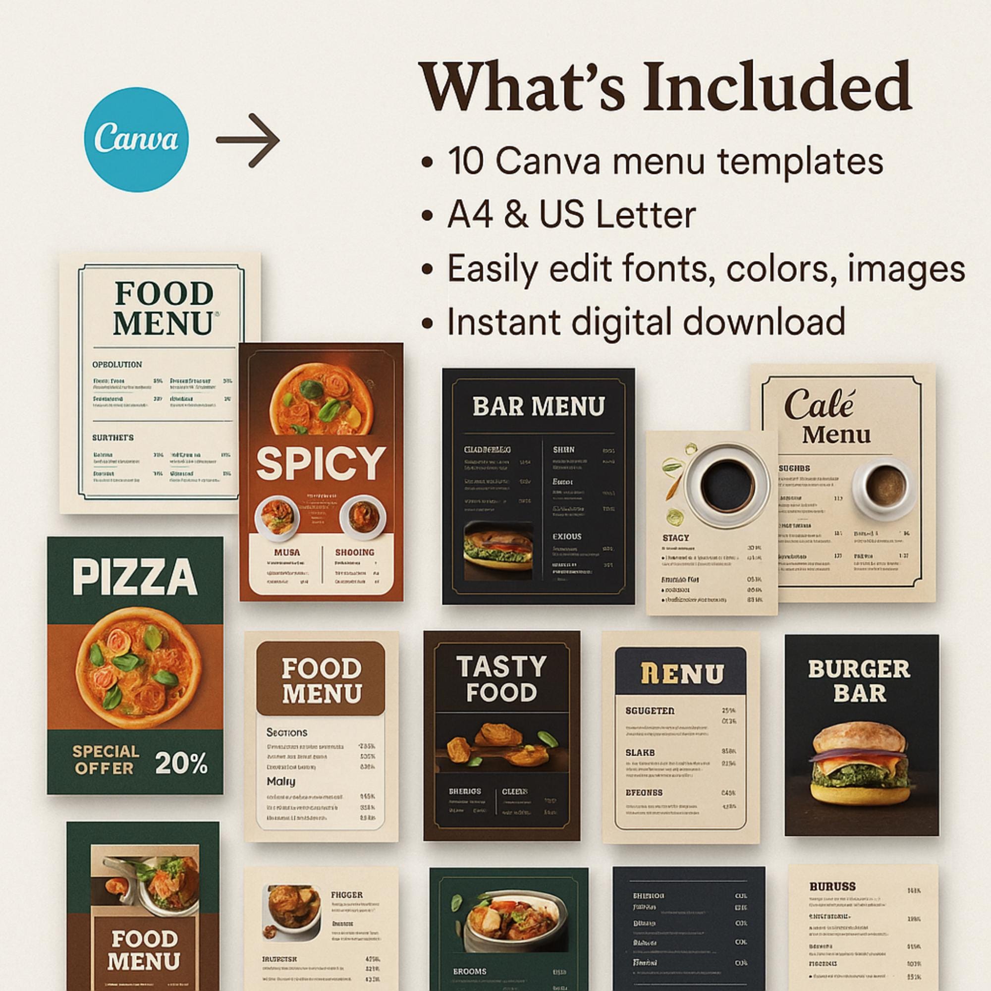 Restaurant Menu Templates: Editable Canva Design Bundle (digital ...