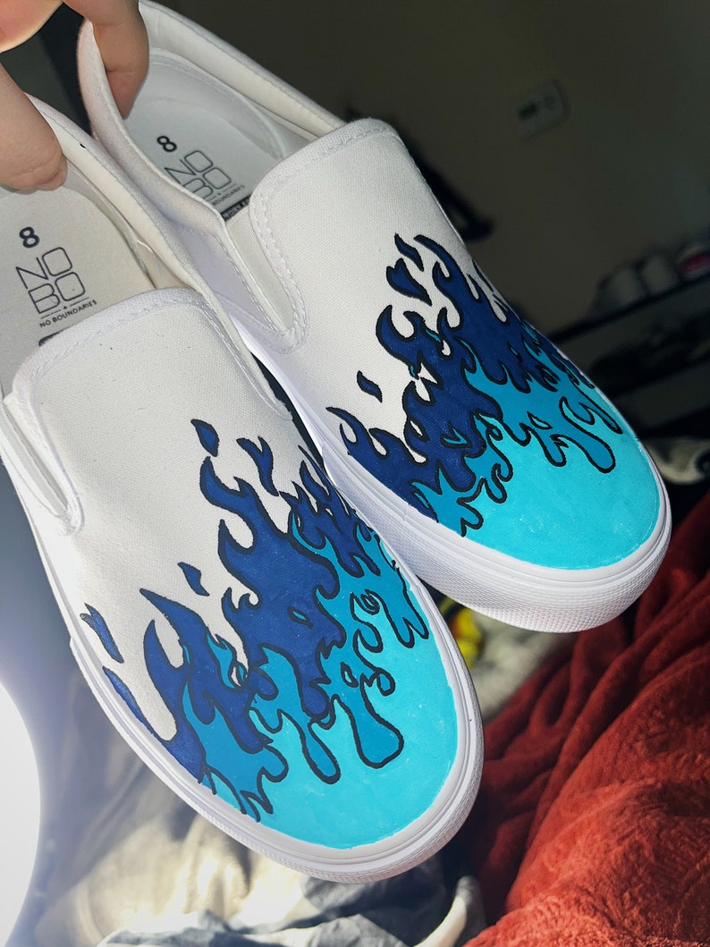 Custom Painted Blue Flame Slip on Shoes - Etsy