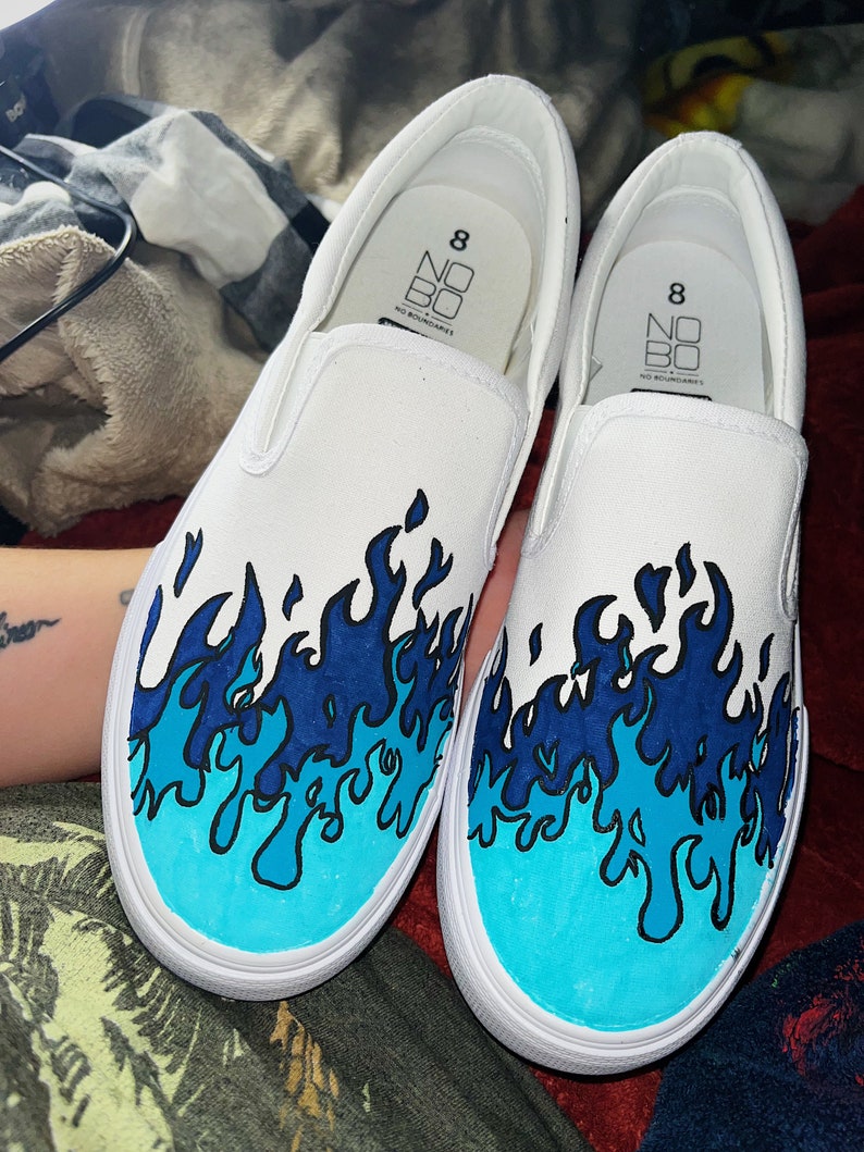 Custom Painted Blue Flame Slip on Shoes - Etsy