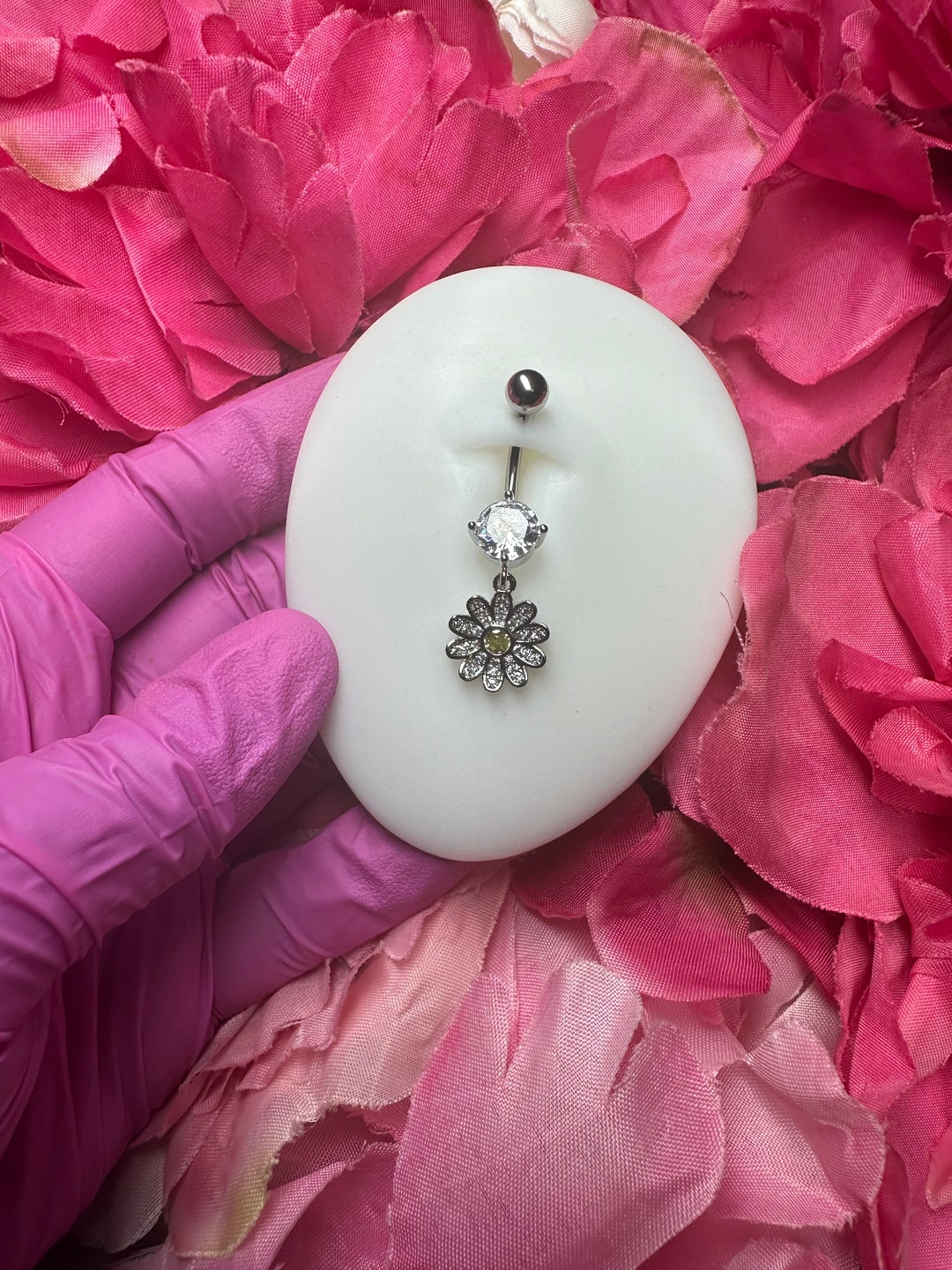 Daisy Flower Belly Ring, Diamond Belly Ring, Sterling Silver Belly Ring ...