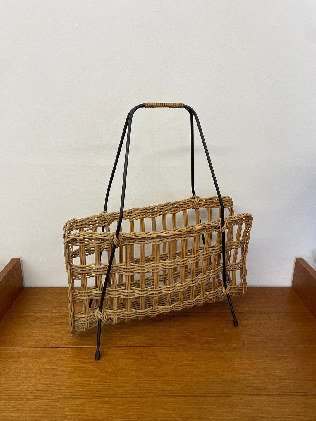 Mid Century Magazine Rack / Newspaper Rack Made of Metal and Wicker 60s ...