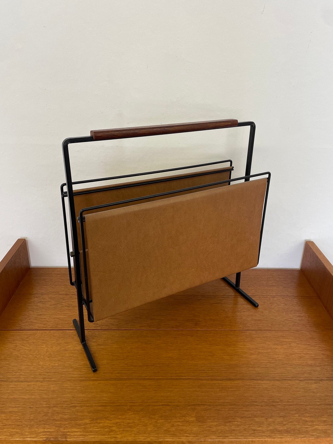Mid Century Magazine Rack / Newspaper Rack Made of Leather, Metal and ...