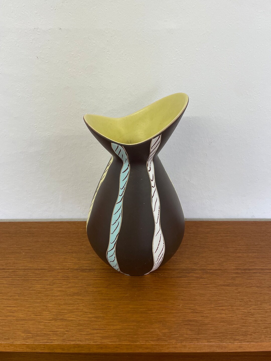 Marzi & Remy Ceramic Vase 1026/22 / Fish Mouth Vase Brown With Yellow and Blue 60s Mid Century ...
