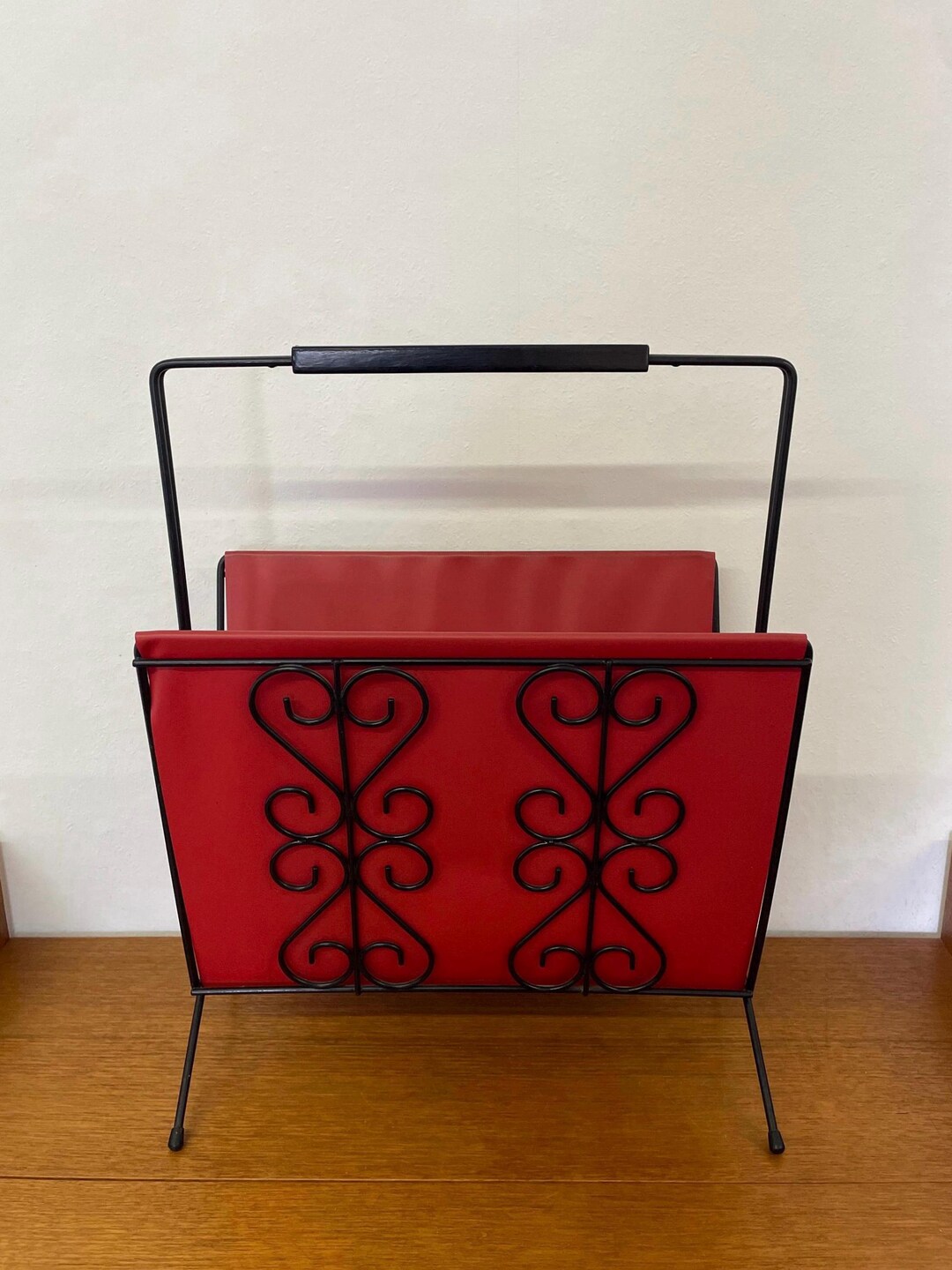 Mid Century Magazine Rack / Newspaper Rack Made of Black Metal and Red ...